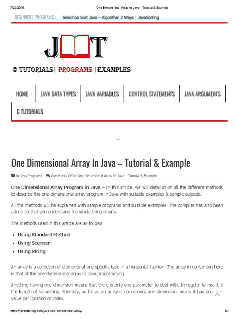 One Dimensional Array In Java Tutorial And Example Por Pdf Array Data Structure Java
