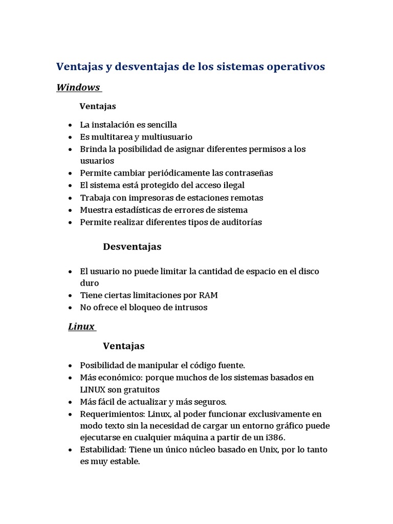 Ventajas y Desventajas de Los Sistemas Operativos | PDF | Distribución ...