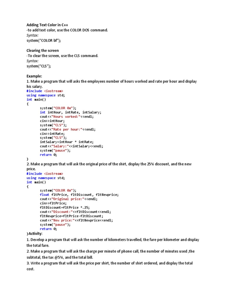 Adding Text Color in C | Download Free PDF | Namespace | Syntax