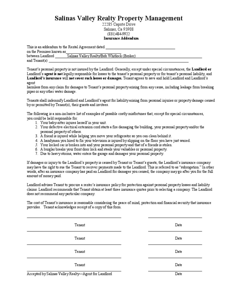 Fillable Insurance Addendum | PDF | Landlord | Leasehold Estate