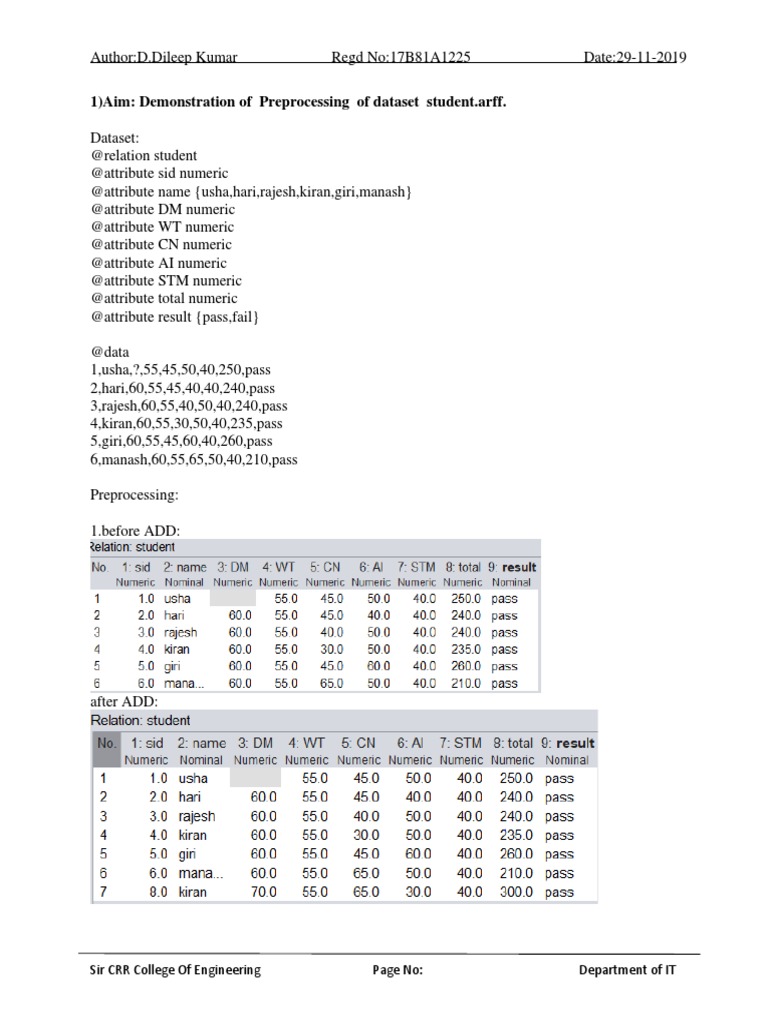 1) Aim: Demonstration of Preprocessing of Dataset Student - Arff | PDF ...