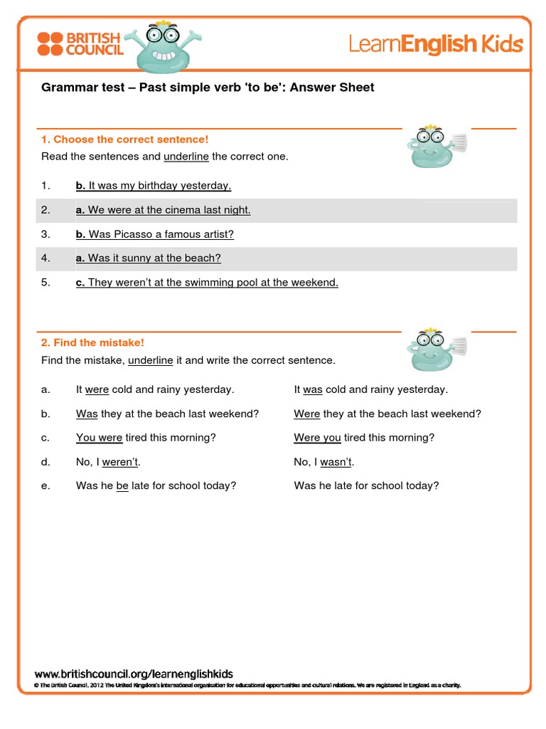 Past Simple 'To Be' Grammar Test Answers | PDF