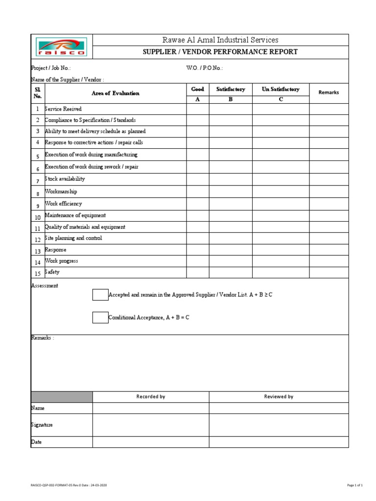 Rawae Al Amal Industrial Services: Supplier / Vendor Performance Report ...