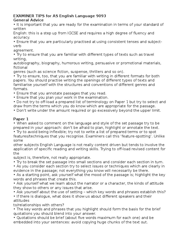 AS English Language 9093 Exam Tips | PDF | Question | Test (Assessment)