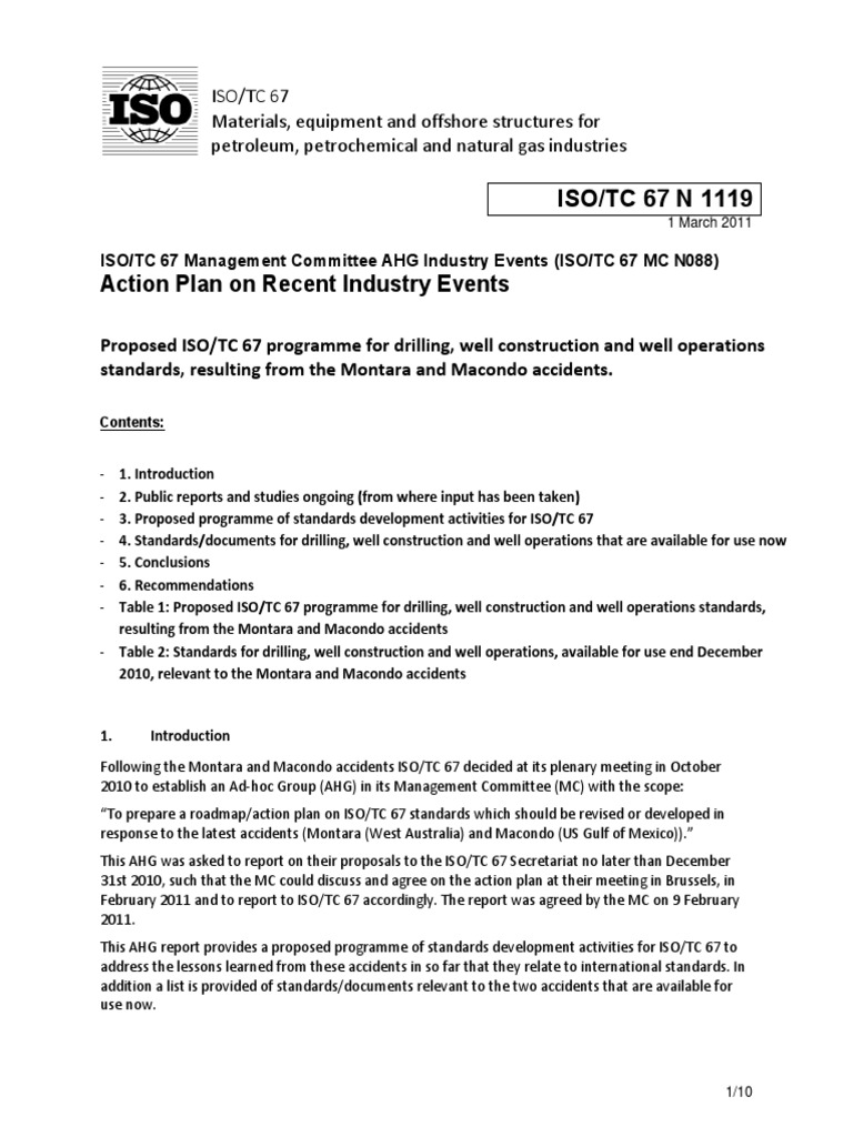 ISO TC 67 Post Montara Macondo Action Plan | PDF | International ...