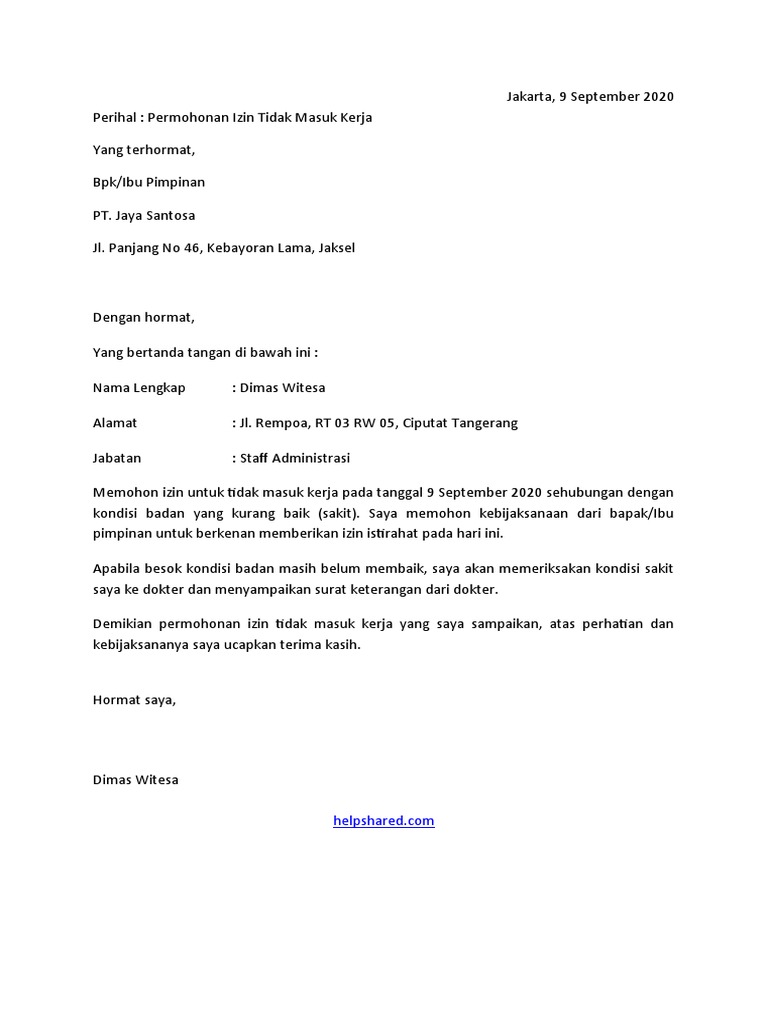Contoh - Surat - Izin - Karyawan (Helpshared Com) | PDF