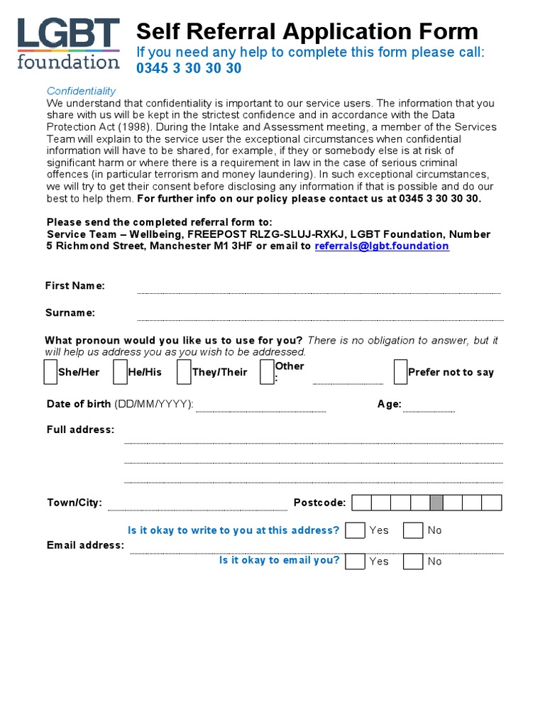 Self Referral Application Form: If You Need Any Help To Complete This ...