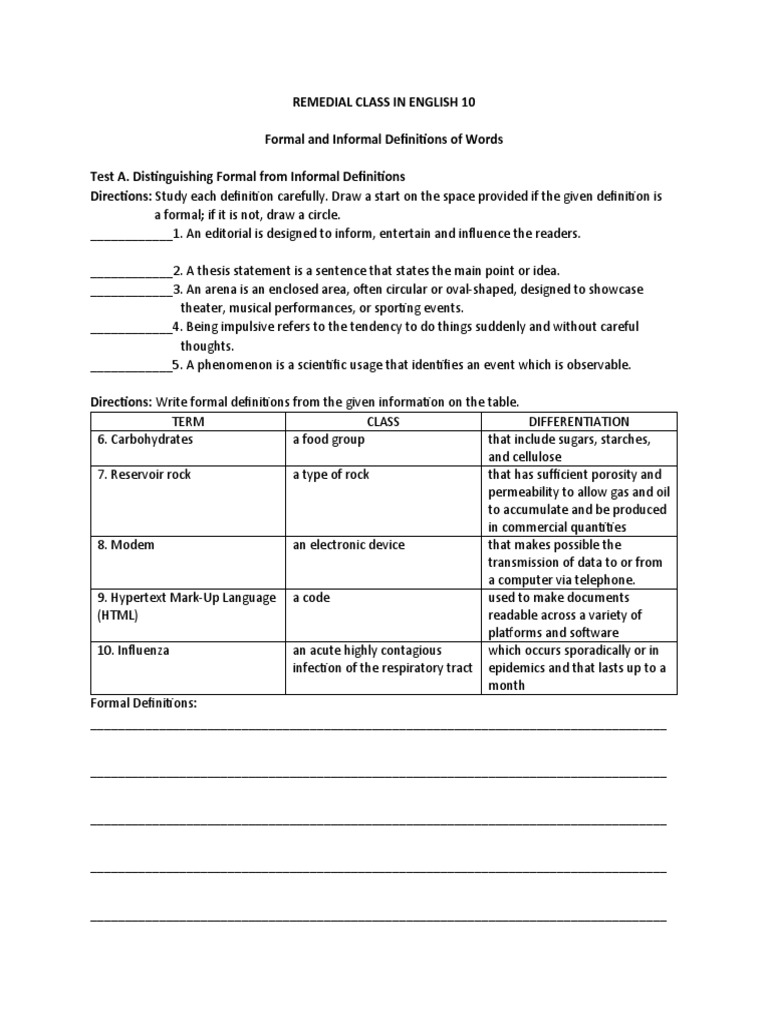 Worksheet - Formal & Informal Definition - Remedial Class | PDF ...