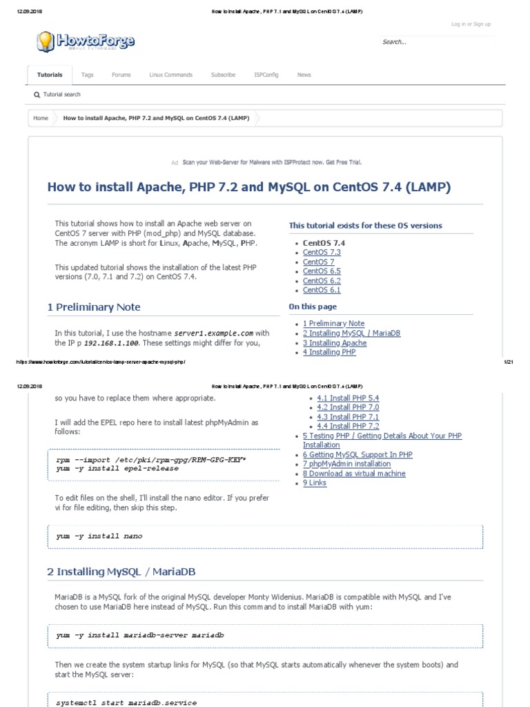 How To Install Apache, PHP 7.1 and MySQL On CentOS 7.4 (LAMP) Best | PDF | Php | Apache Http Server