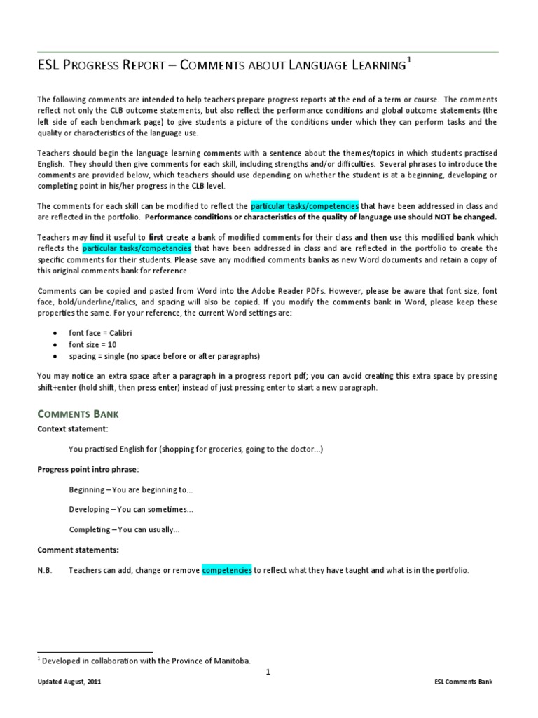 ESL Progress Report COMMENT BANK | PDF | Conversation | English Language