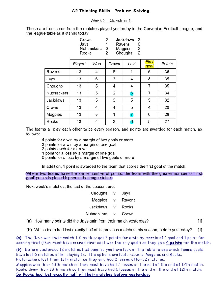 A2 Thinking Skills Problem Solving Corvenian Football League With ...