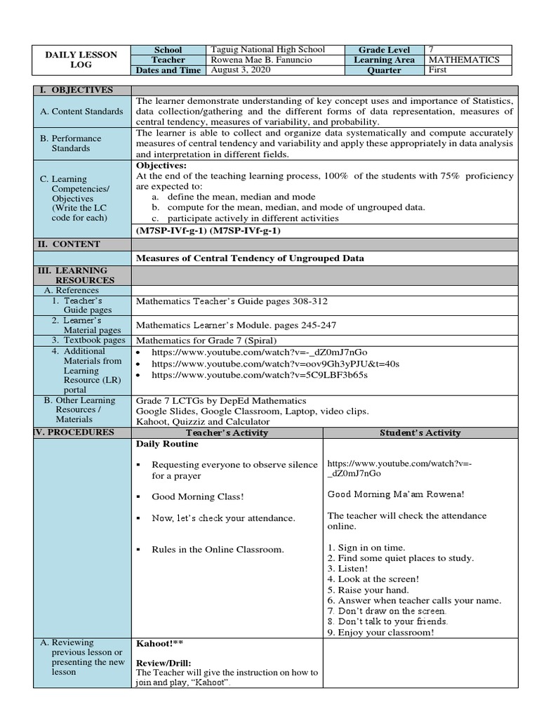 Detailed Lesson Plan in Math | PDF | Mean | Mode (Statistics)