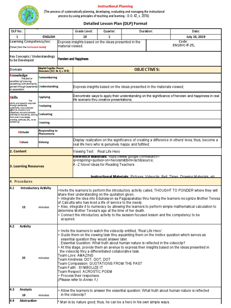 Detailed Lesson Plan-English 10-Quarter 1 | PDF | Idea | Learning
