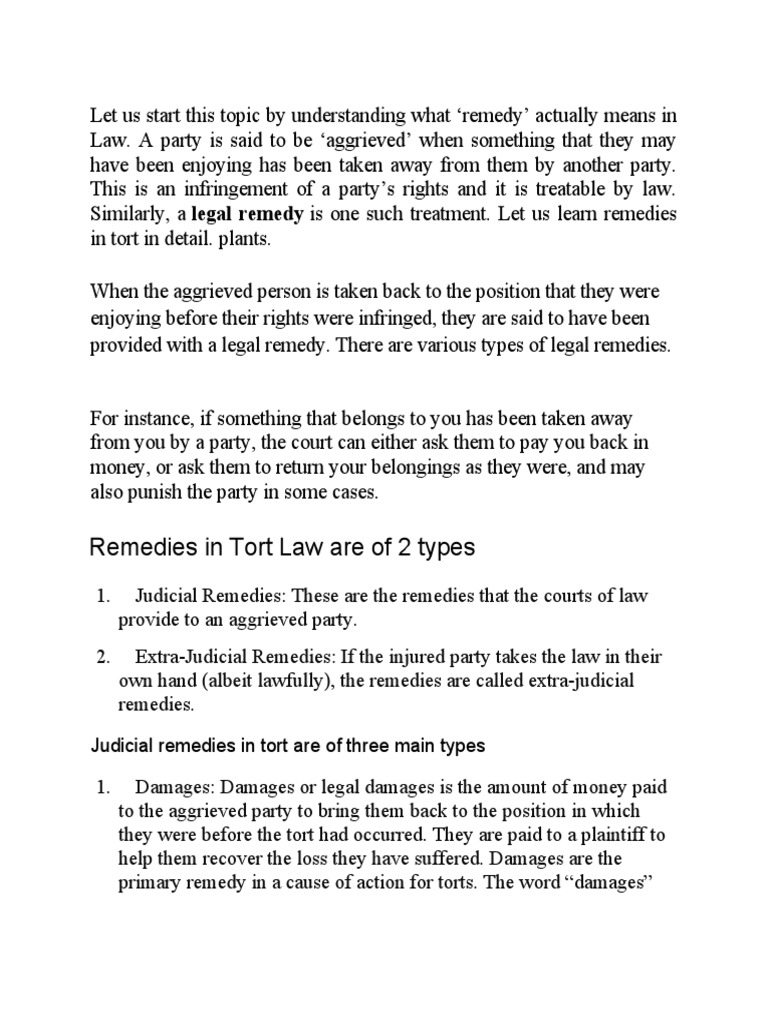 Judicial Remedies in Tort Are of Three Main Types | PDF | Legal Remedy ...