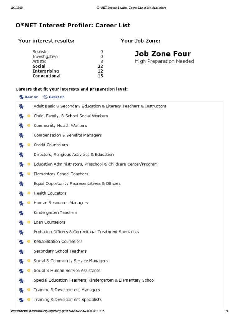 O Net Interest Profiler Career List at My Next Move | PDF | Schools ...