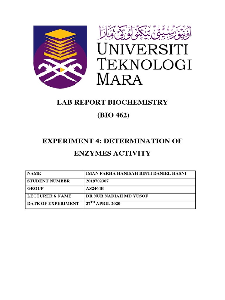 Lab Report Biochemistry (BIO 462) | PDF | Enzyme Assay | Laboratories