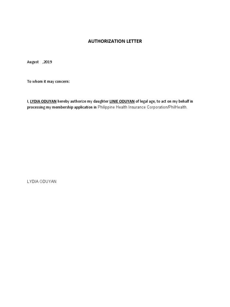 Authorization letter for PhilHealth membership application | PDF