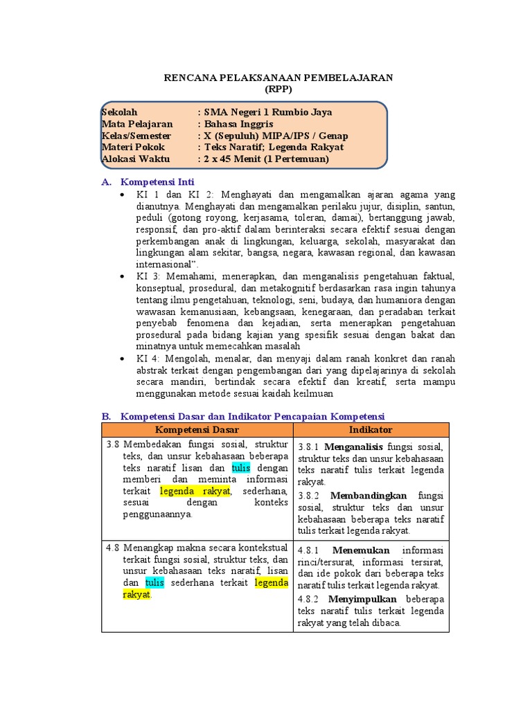 RPP Narrative Text Kelas X Yanti Basri | PDF