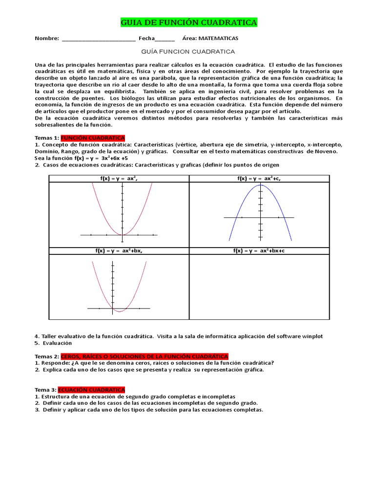 Guia Sobre Func. Cuadratica | PDF | Ecuación cuadrática | Ecuaciones