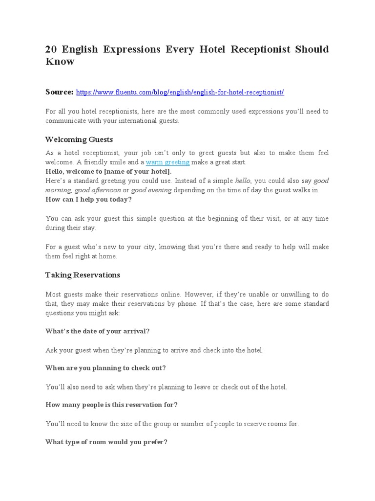 20 English Expressions Every Hotel Receptionist Should Know | PDF ...