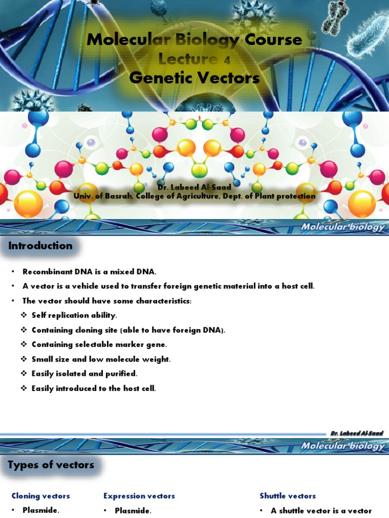 Genetic Vectors Lecture Molecular Biology Course | PDF | Plasmid ...