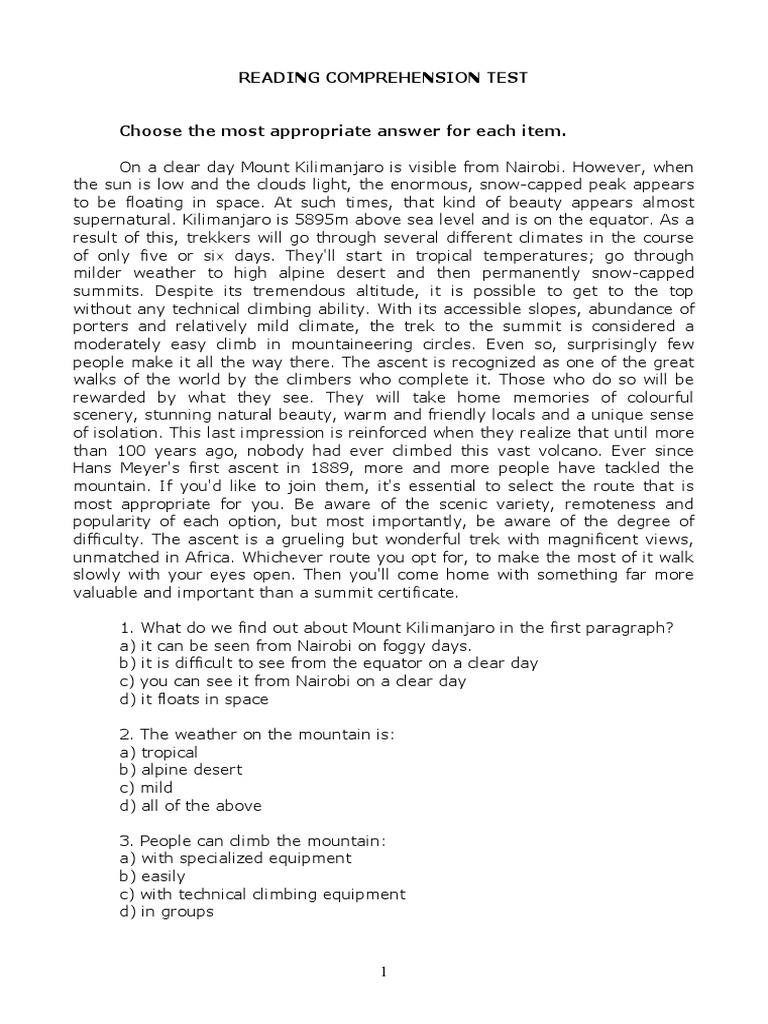0 Reading Comprehension Test 2 | PDF | Mountaineering | Mountains