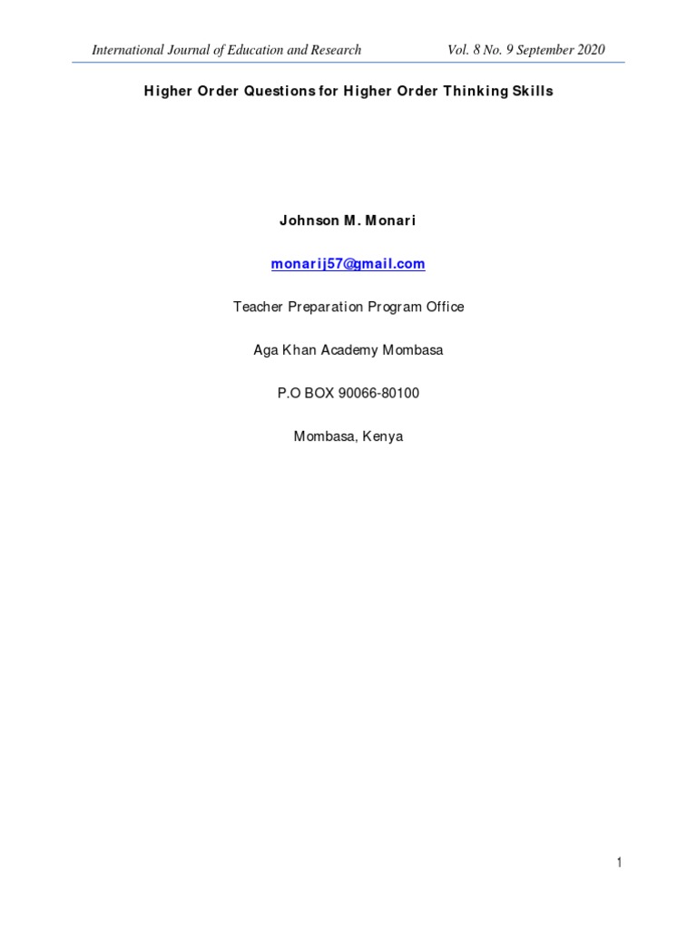 Higher Order Questions For Higher Order Thinking Skills | PDF ...