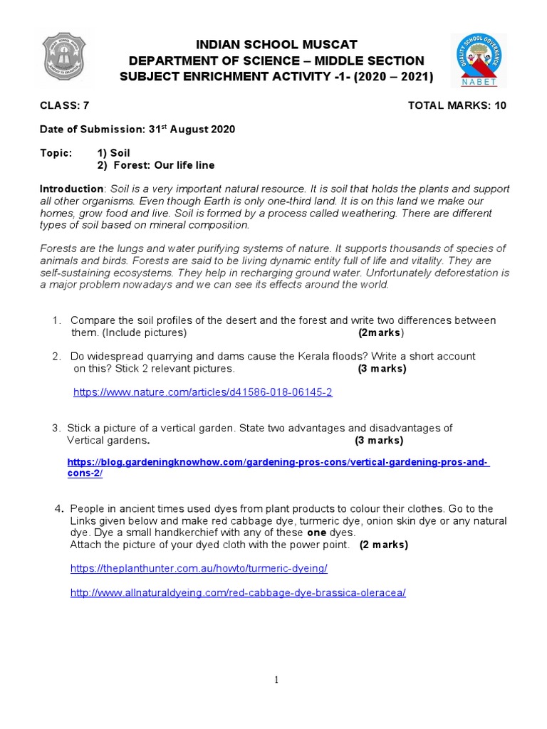 Class 7 - Subject Enrichment Activity-1 - 2020-2021 | PDF | Soil | Nature