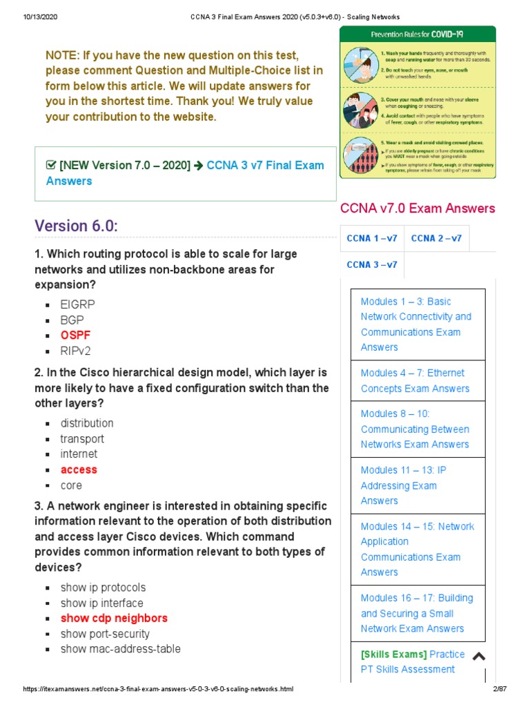 CCNA 3 Final Exam Answers 2020 v5 0 3+v6 0 Scaling Networks | PDF | Routing | Network Switch