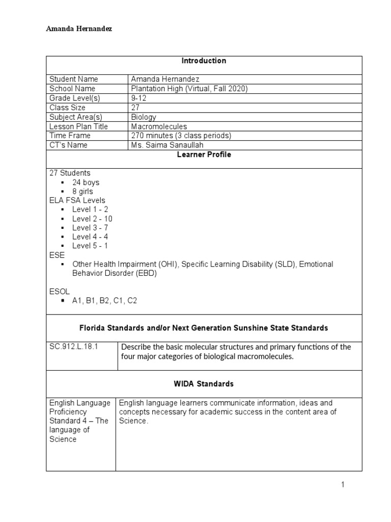 Macromolecules Lesson Plan for Biology | PDF | Education Theory ...