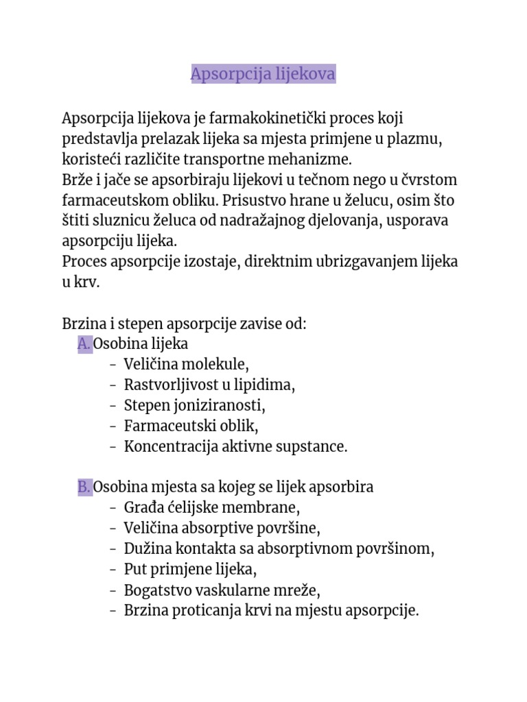 Apsorpcija Lijekova | PDF