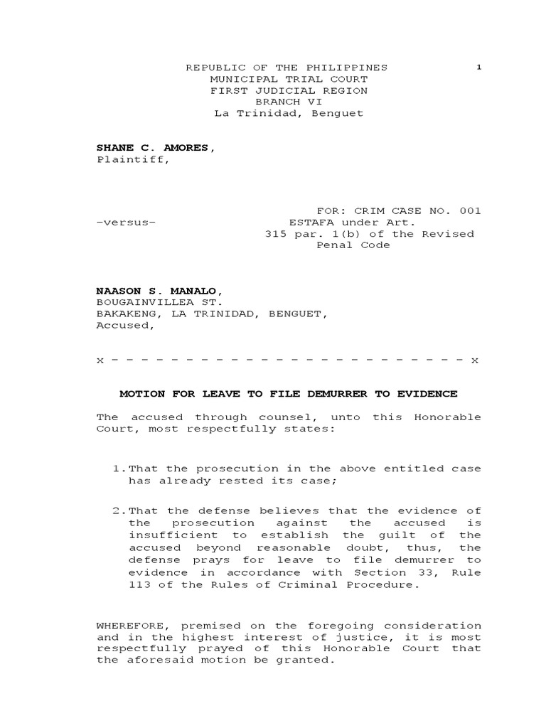 Sample Demurrer With Motion For Leave | PDF | Demurrer | Prosecutor