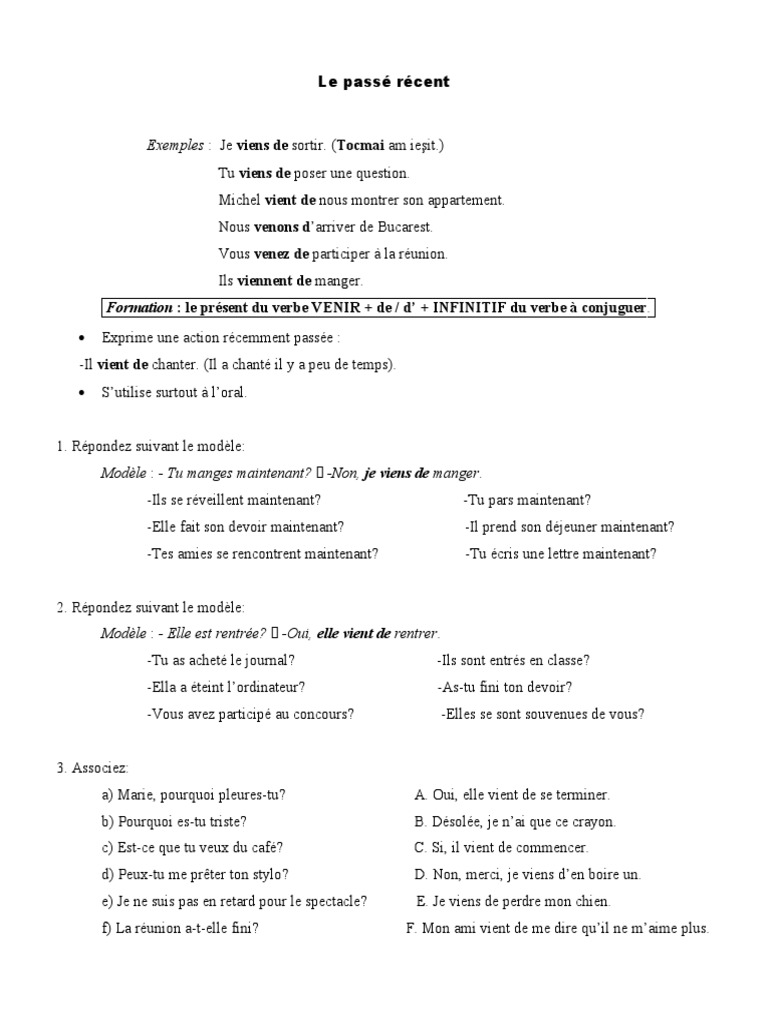 Le passé récent en français : explications et exercices | PDF