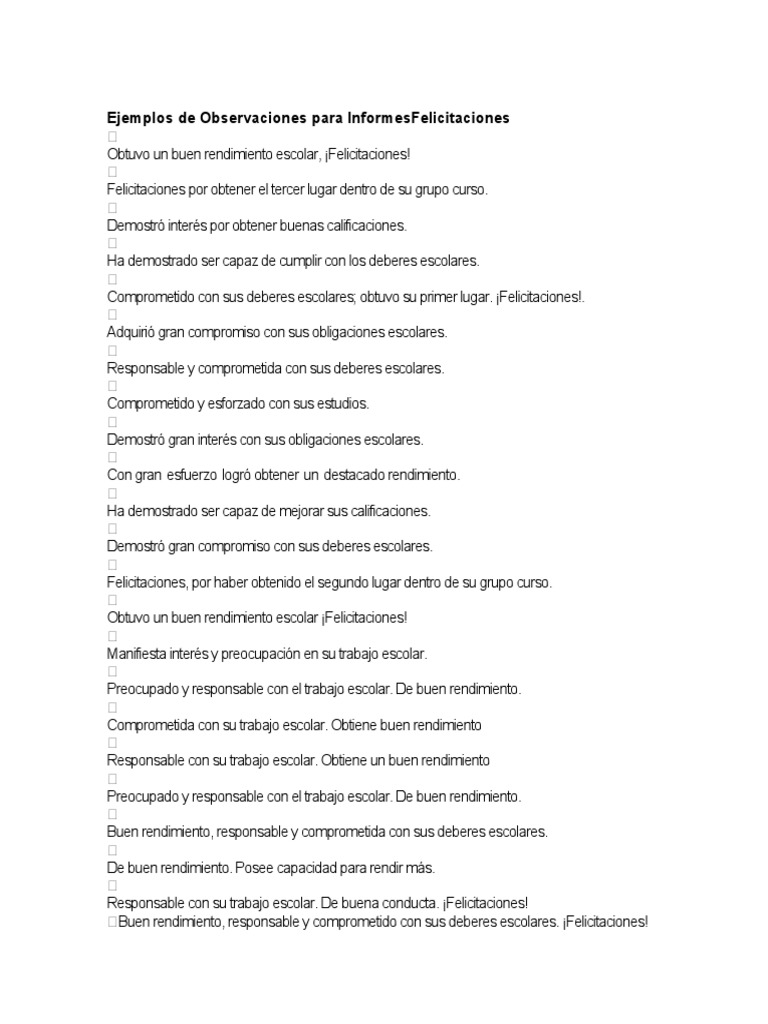 Ejemplos de Observaciones para InformesFelicitaciones | PDF ...