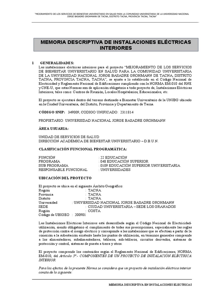 D Memoria Descriptiva Instalaciones Electricas | PDF | Transformador | Diodo emisor de luz