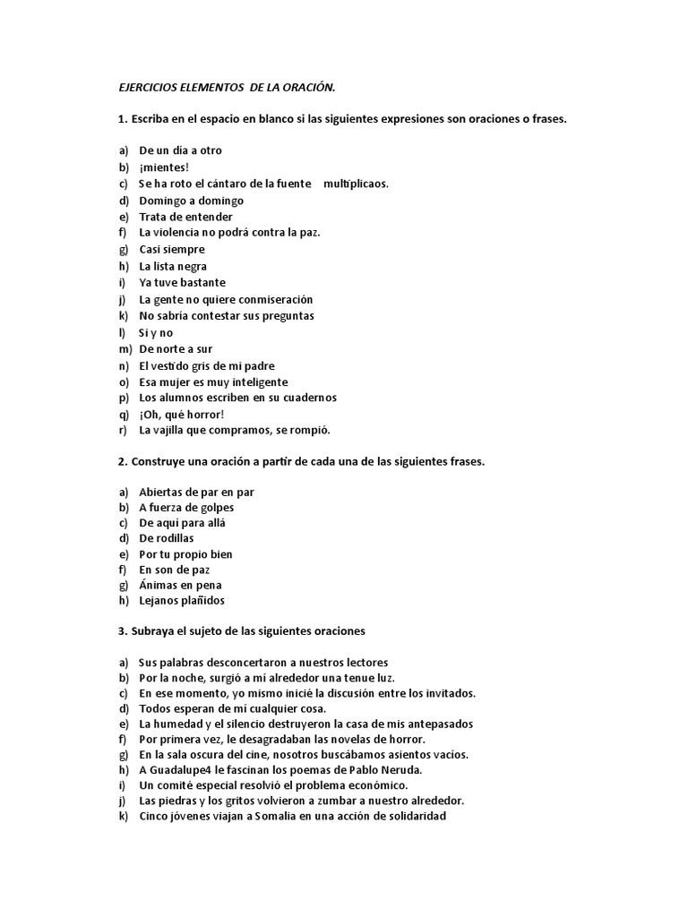 Ejercicios de Oraciones y Estructura | PDF | Oración | Verbo
