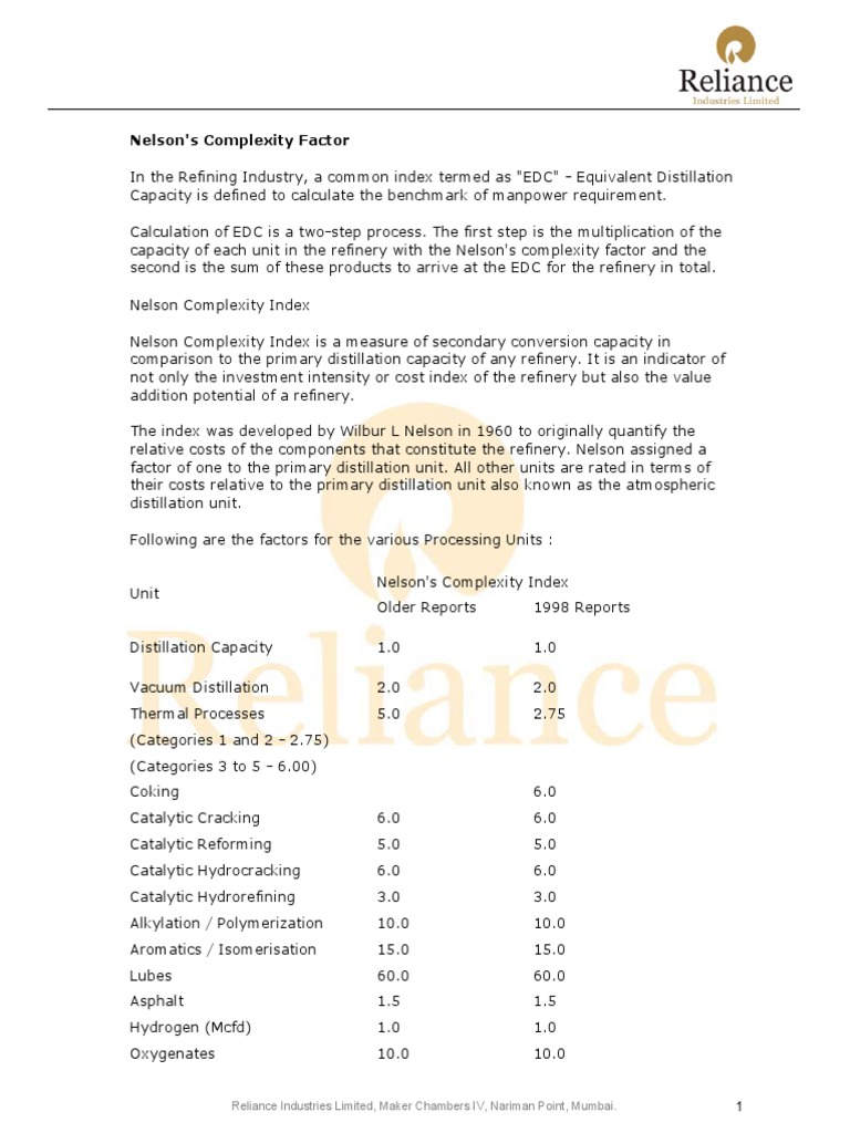 Nelson's Complexity Index Explained | PDF | Oil Refinery | Cracking ...