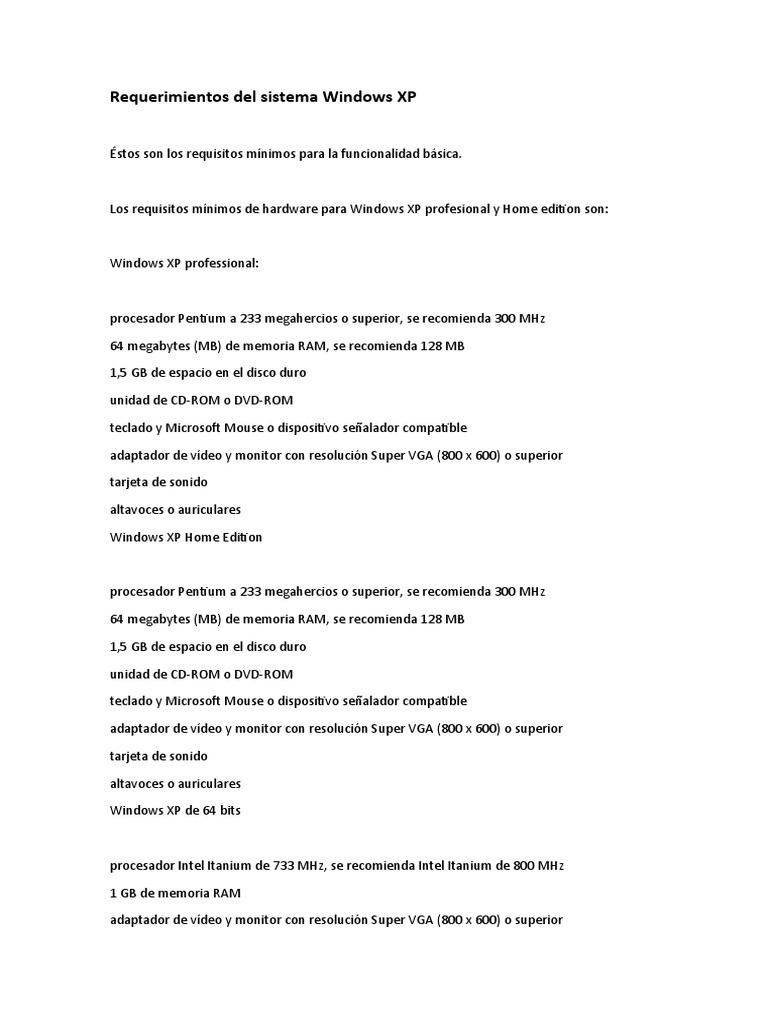 Requerimientos Del Sistema Windows XP, 7, 10 | PDF
