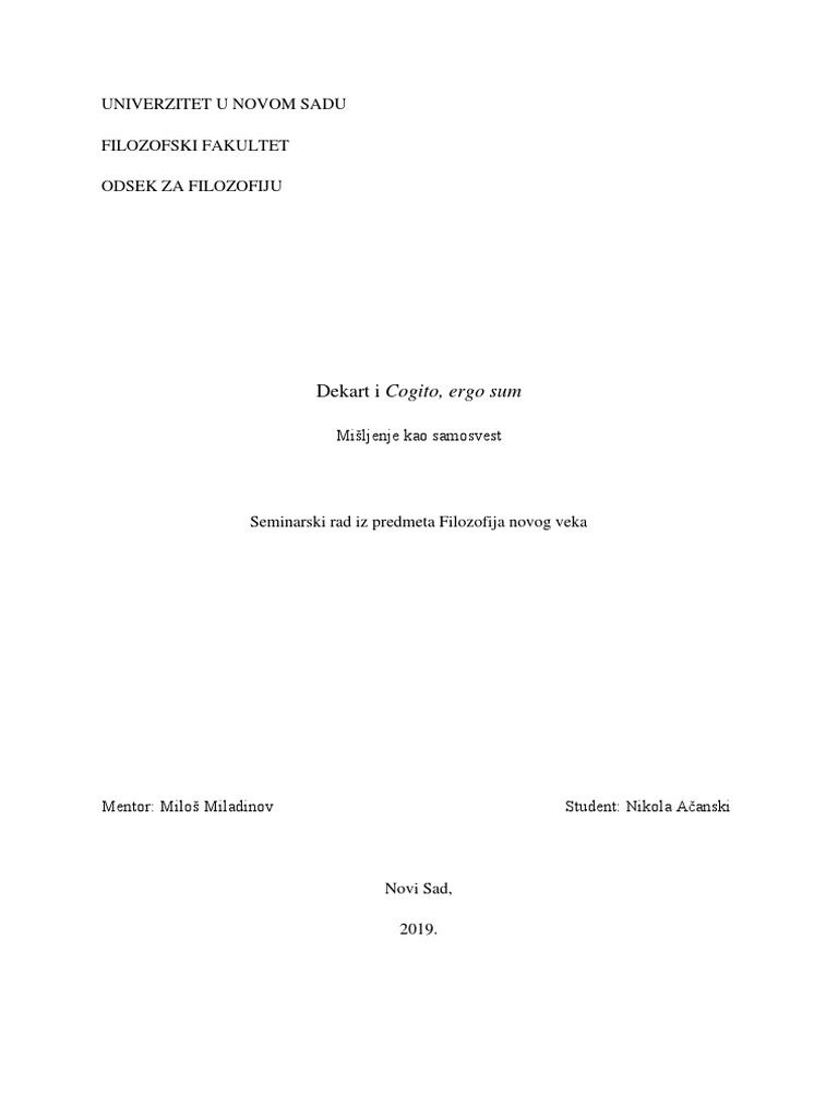 Dekart I Cogito Ergo Sum Cogitatio Kao S | PDF