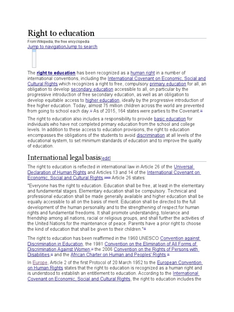 Right To Education: International Legal Basis | PDF | Human Rights | Rights