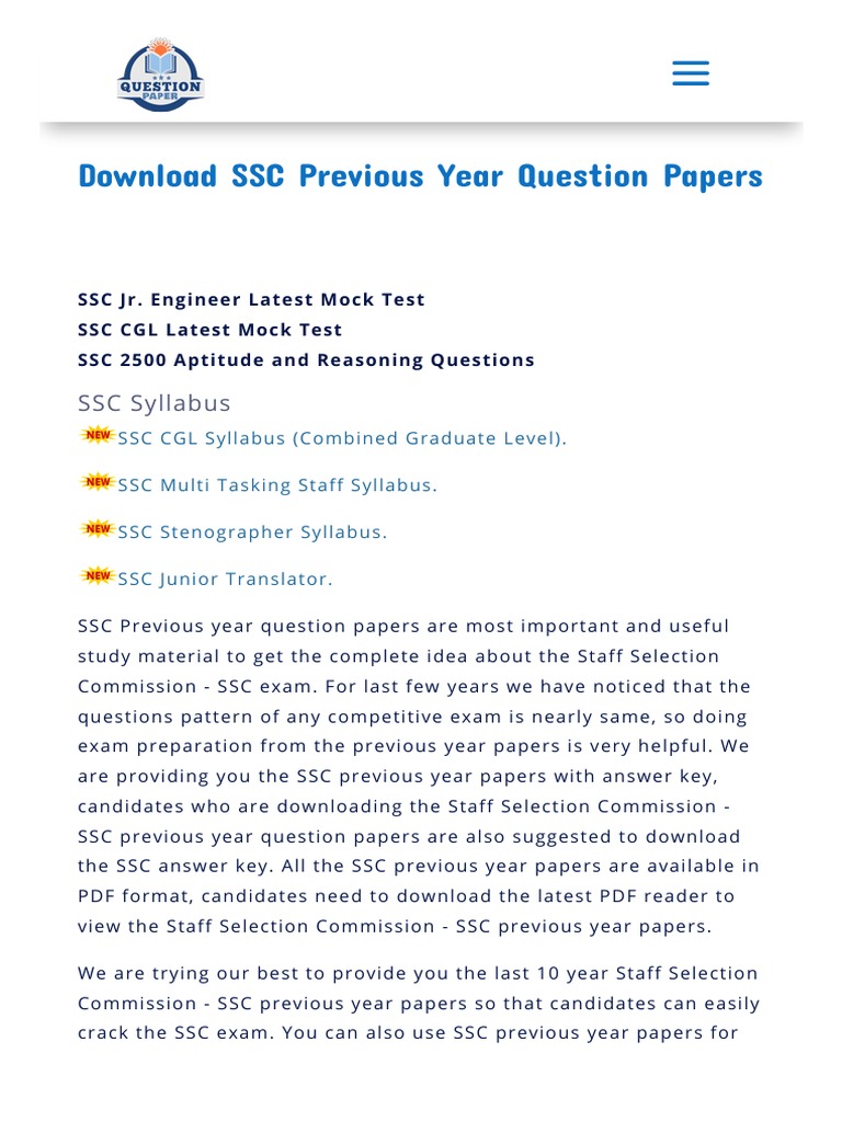 SSC Previous Year Question Papers - Previous Papers - Question Paper ...