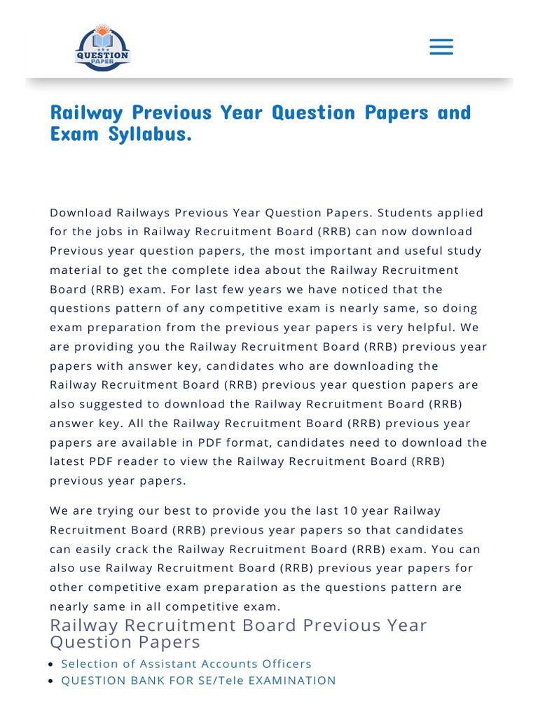 Railway Previous Year Question Papers and Exam Syllabus. - Previous ...