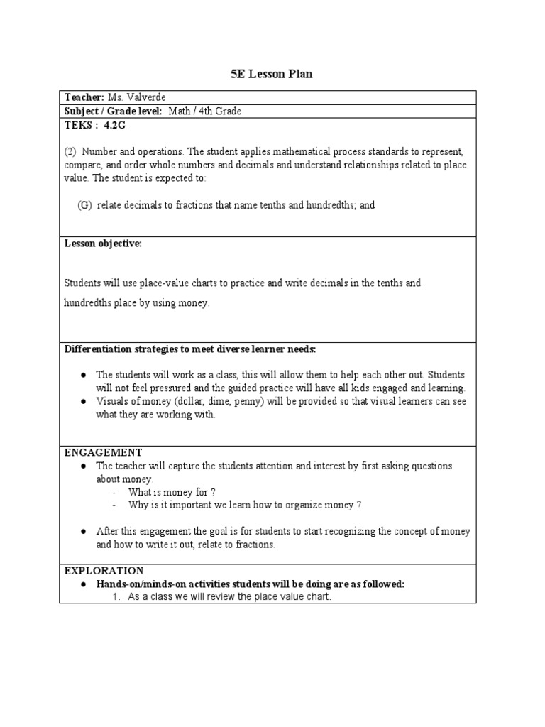 5e Lesson Plan Decimals With Money | Download Free PDF | Lesson Plan ...