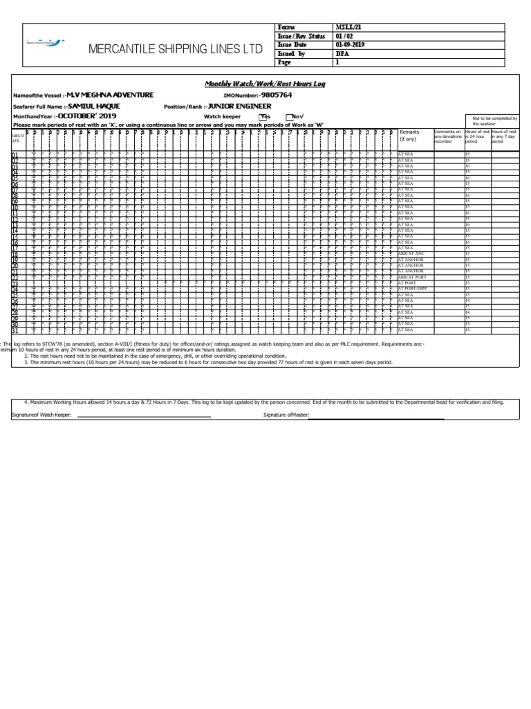 MLC Work and Rest Hours Log | PDF | Water Transport | Ships