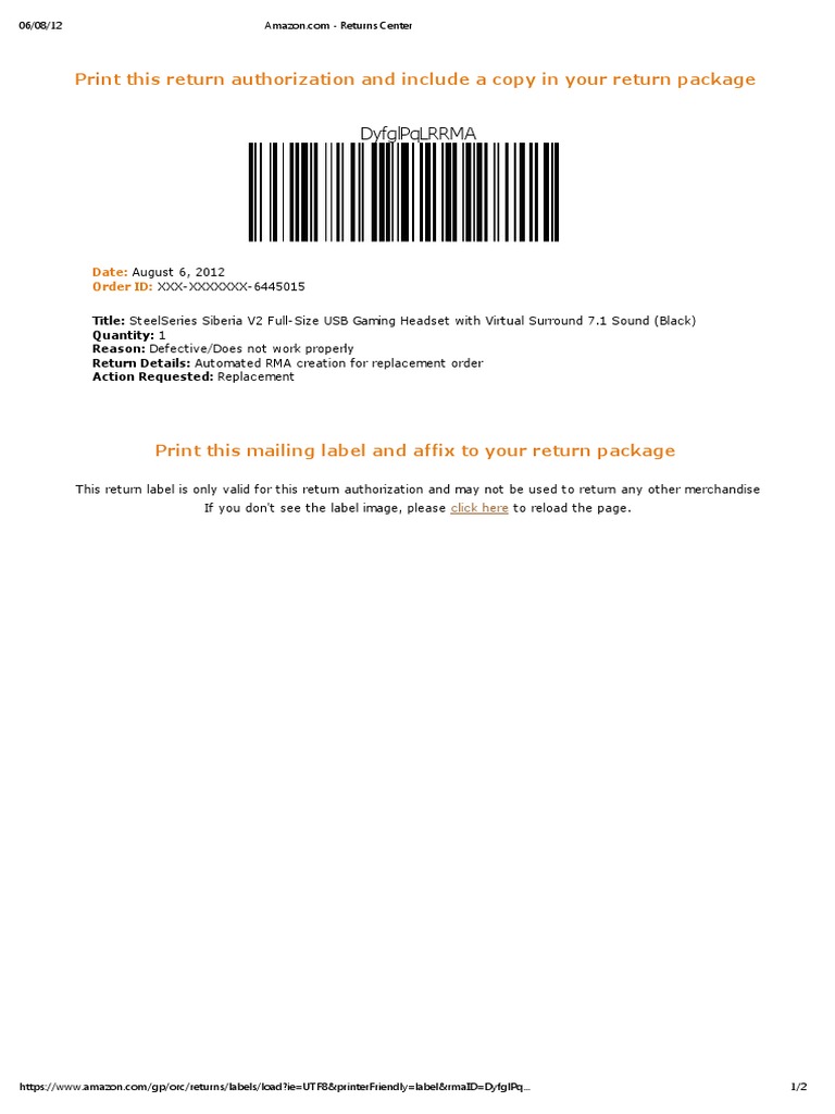 Amazon Return Authorization for Defective Headset | PDF
