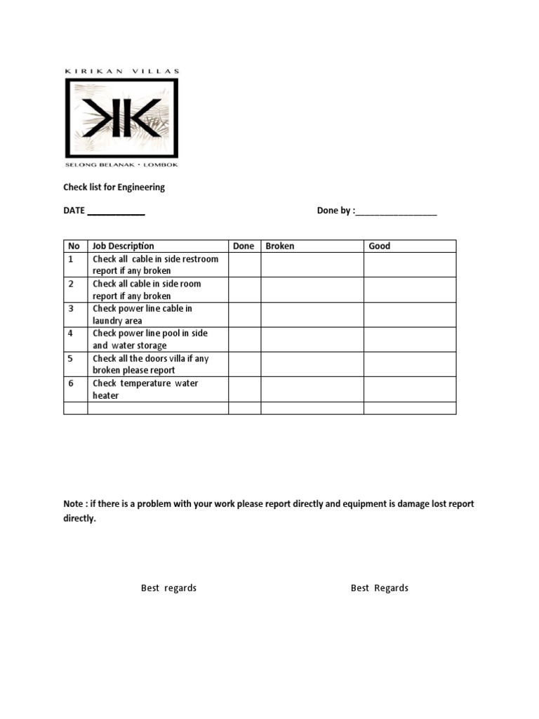 Engineering Checklist for Inspections | PDF | Technology & Engineering