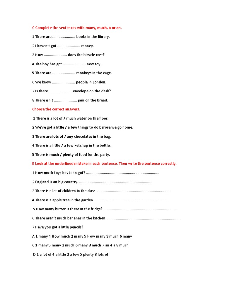 C Complete The Sentences With Many, Much, A or An | Download Free PDF ...