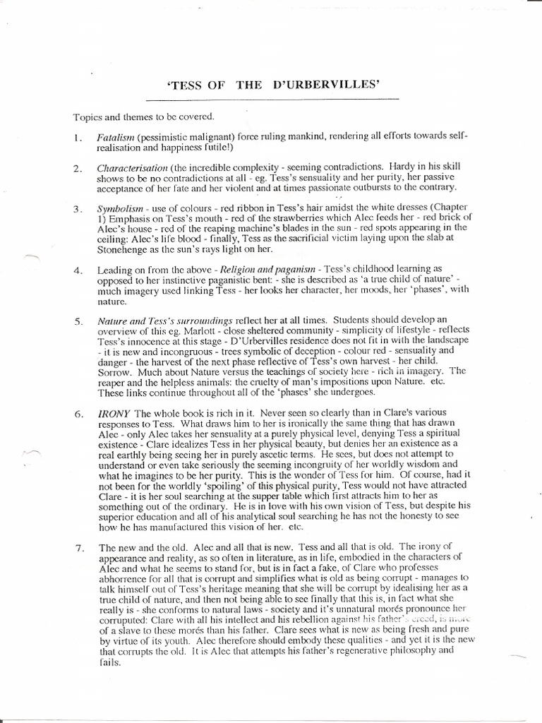 Tess of The D'Urbervilles - Notes | PDF