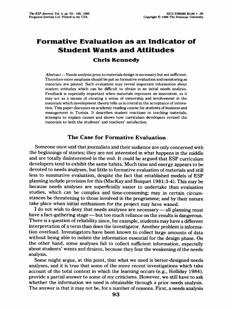 Formative Evaluation As An Indicator of Student Wants and Attitudes ...
