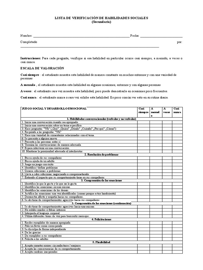 LISTA DE VERIFICACIÓN DE HABILIDADES SOCIALES Educación Media | PDF ...
